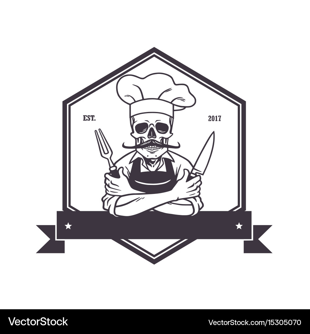 Dead skull chef grinning with fork knives and hat Vector Image