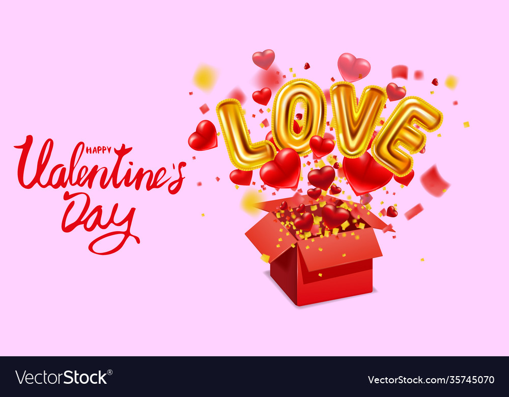 Happy valentines day gift box open love gold Vector Image