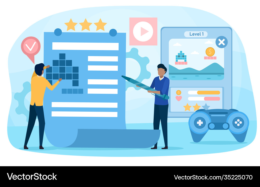 Two male characters designing game Royalty Free Vector Image
