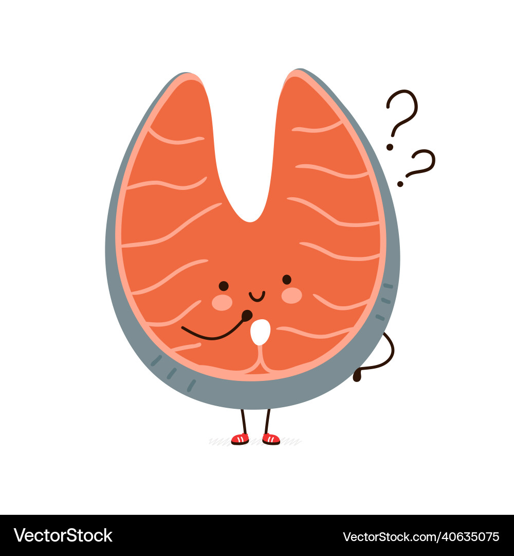 Cute funny red salmon fish character with question