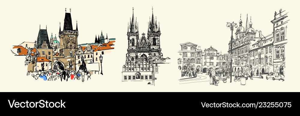 Set three prague landmark sketch drawing Vector Image