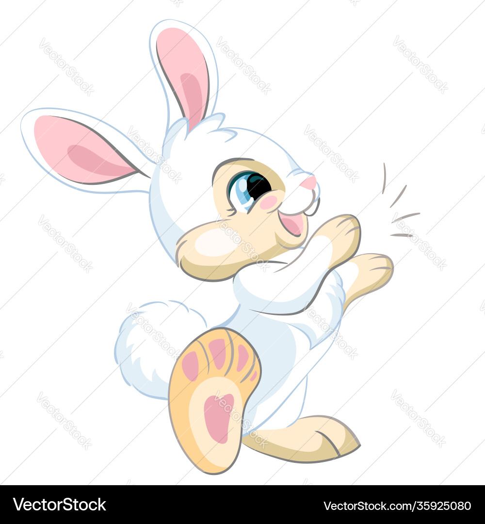 Little cute funny white rabbit claps his hands Vector Image