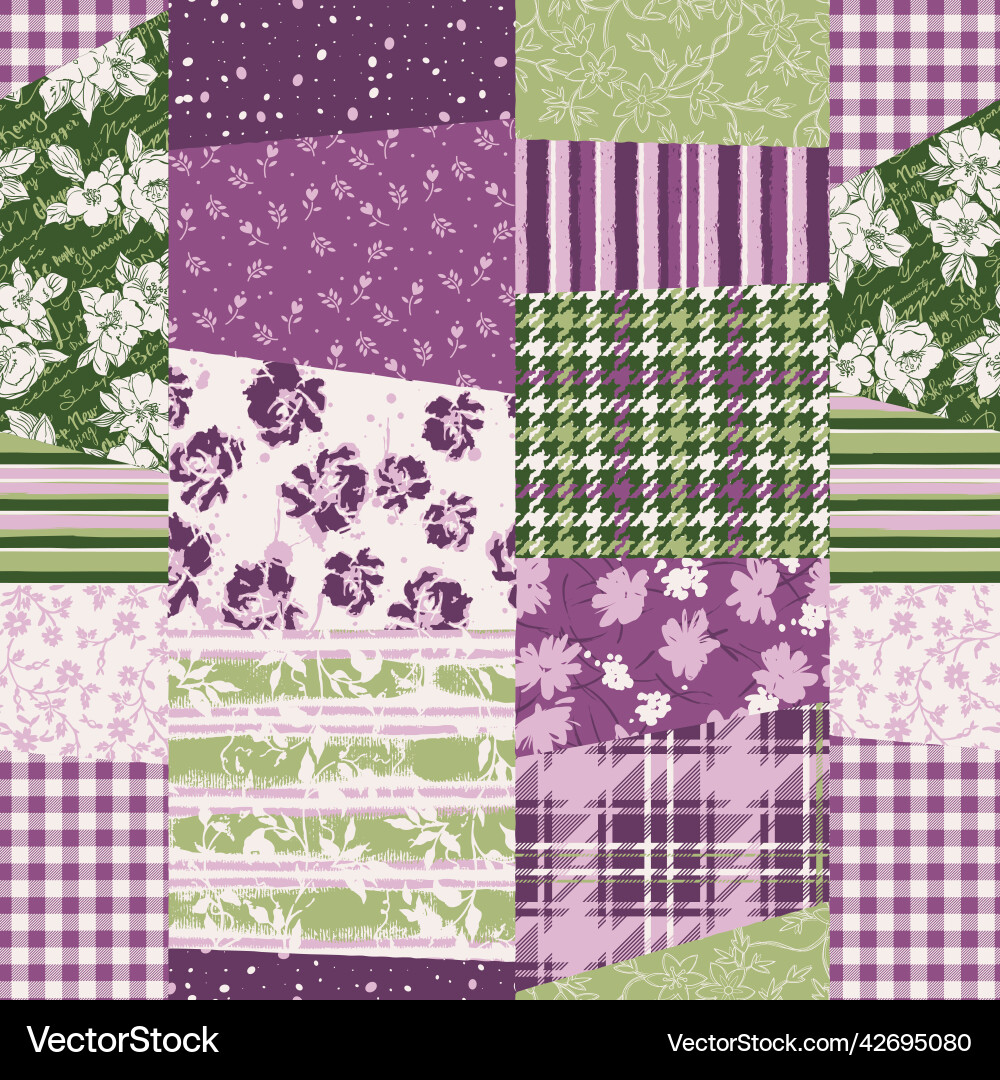 Tartan plaid and floral fabric patchwork Vector Image