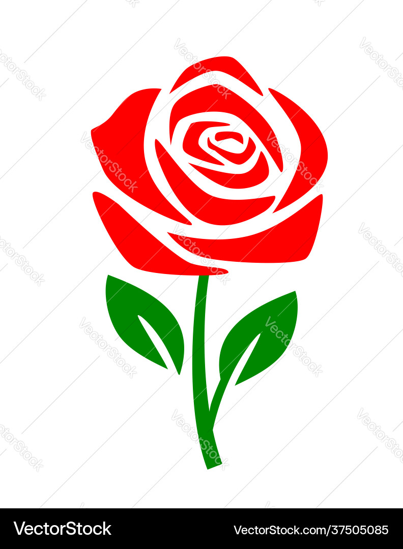 Rose red icon flower symbol with leafs Royalty Free Vector