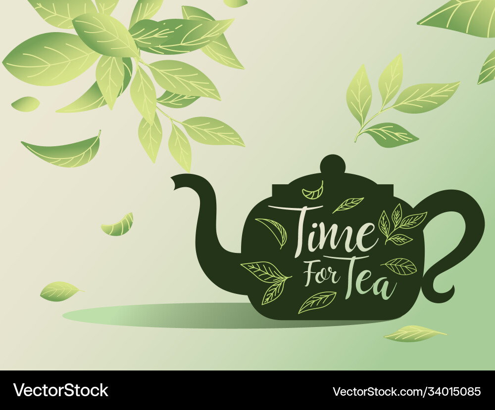 Time for tea with pot and leaves Royalty Free Vector Image