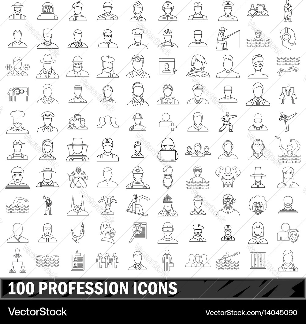 100 profession icons set outline style Royalty Free Vector