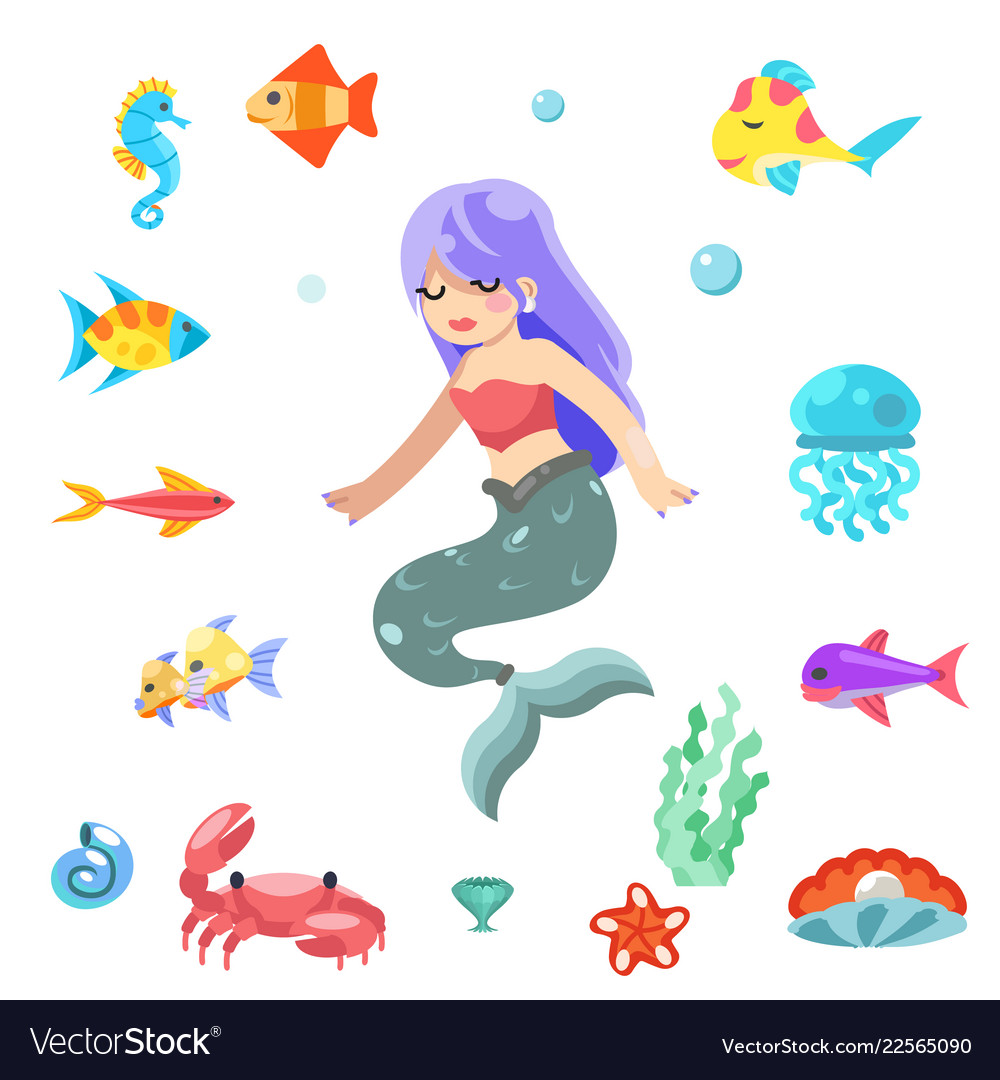Cute little mermaid swimming under sea fishes Vector Image