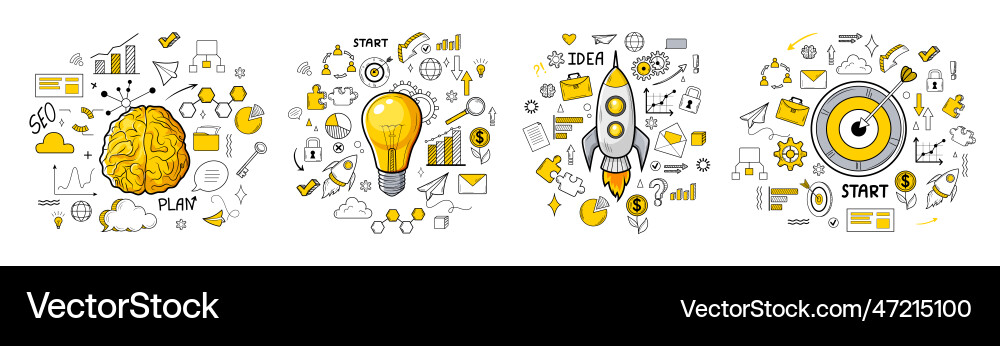 Creativity and innovation doodle icons collection Vector Image