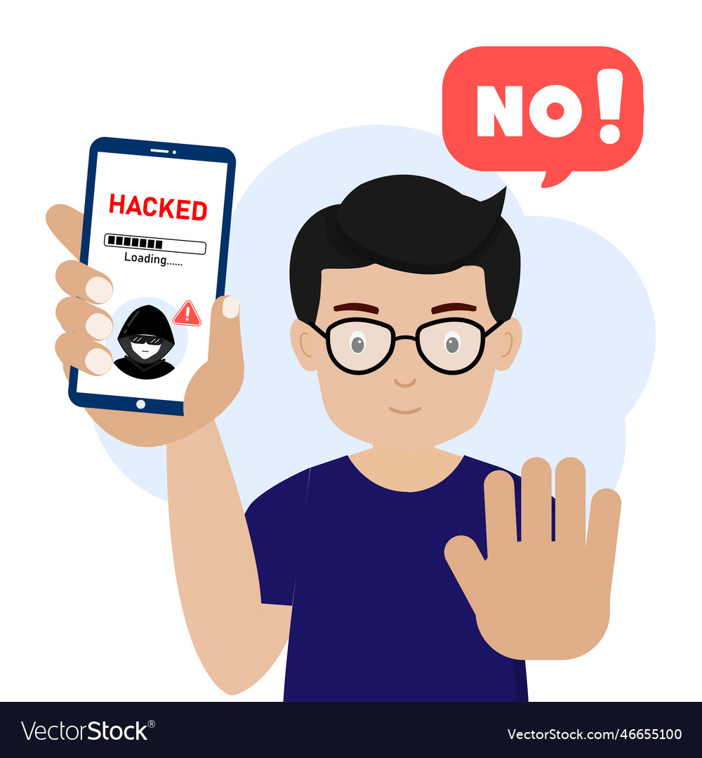 Man warning smartphone with hacker alert cyber Vector Image