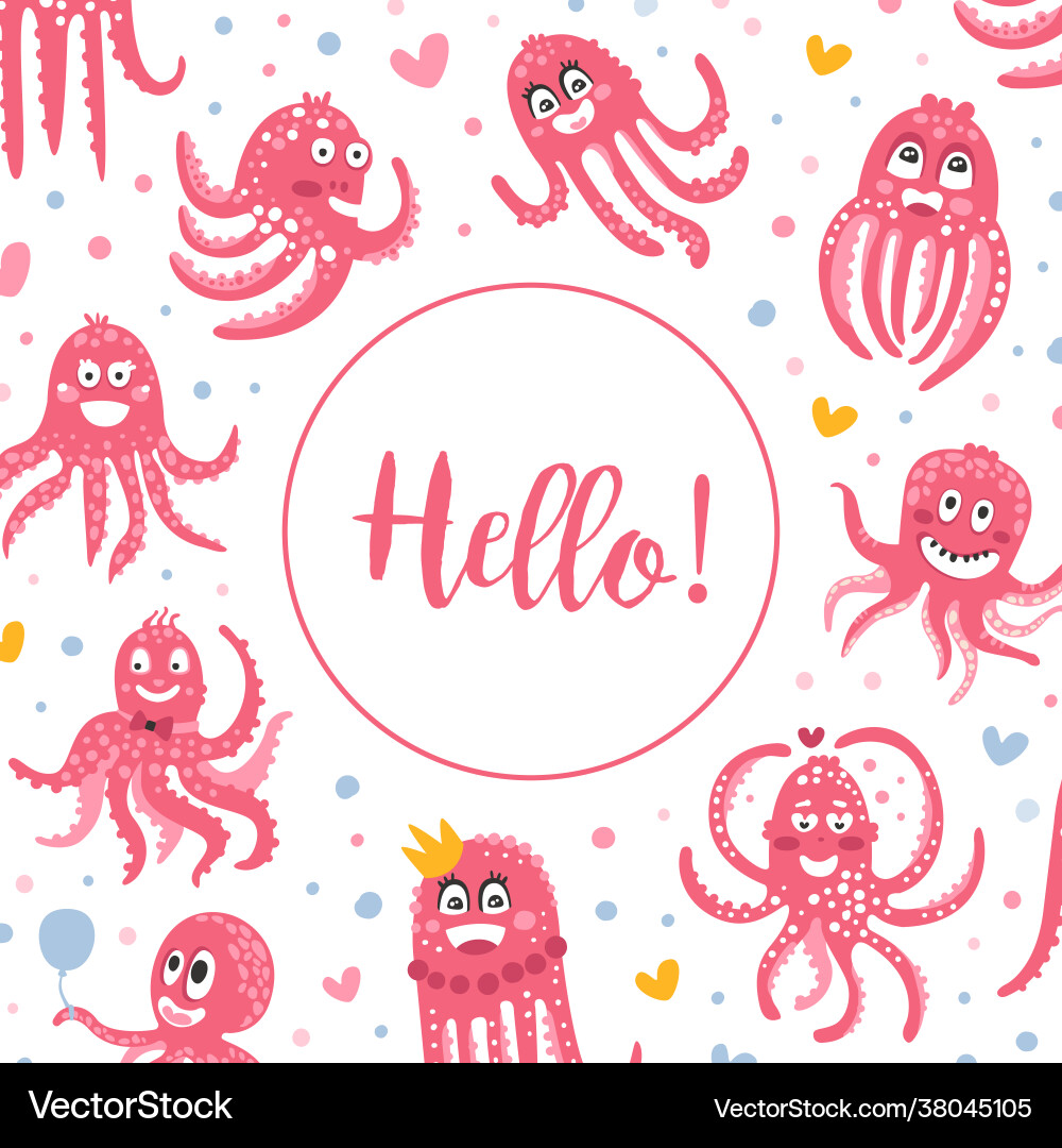 Hello banner template with cute funny pink octopus