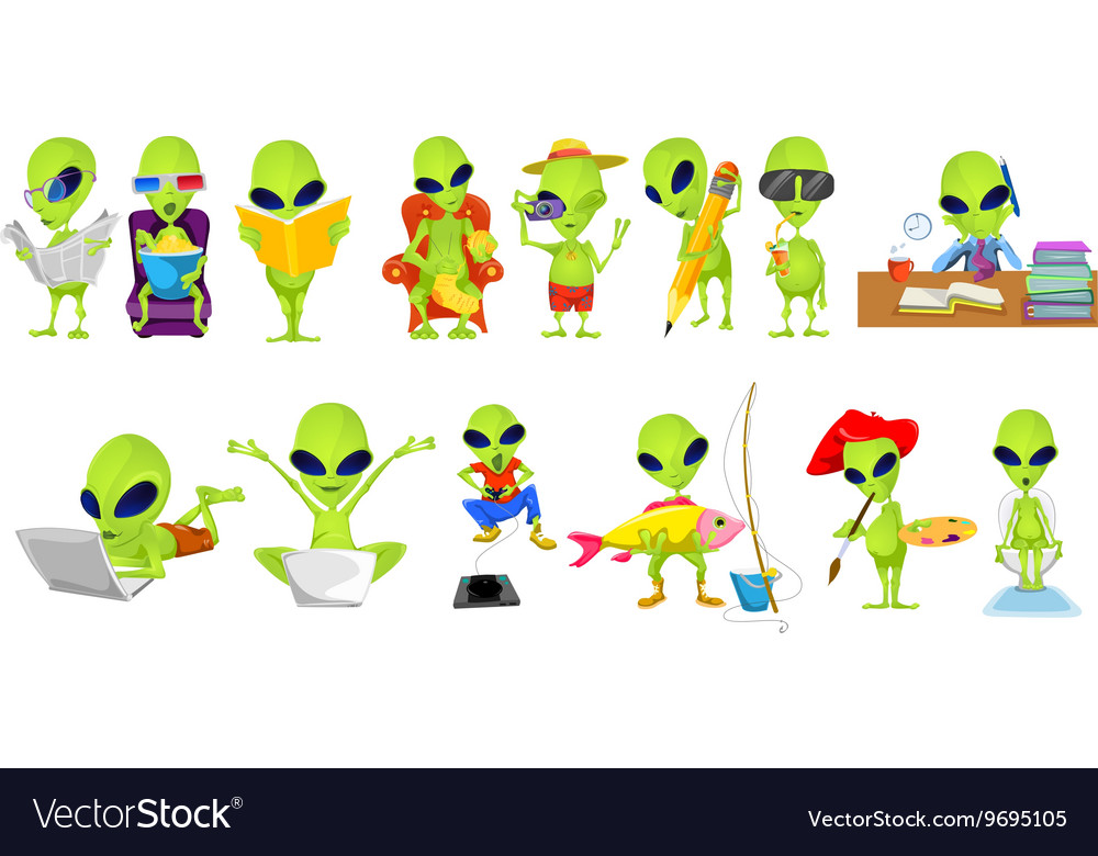 Set green aliens hobby Royalty Free Vector Image Set green aliens hobby Royalty Free Vector Image