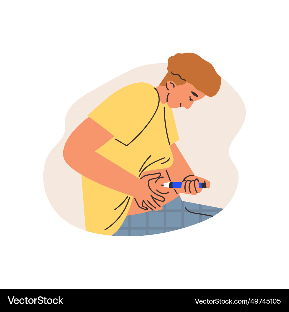 Smiling young man making self injection in stomach