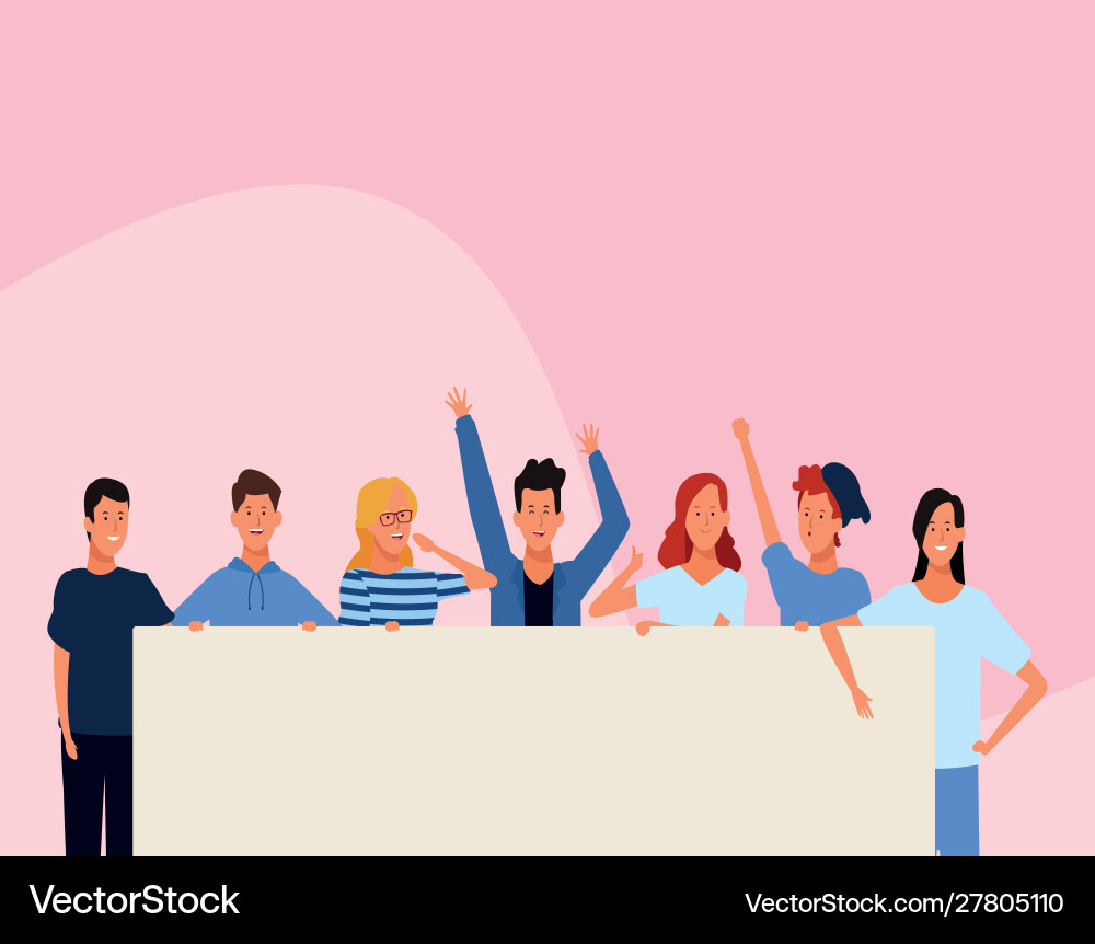 Cartoon happy people protesting with blank poster Vector Image