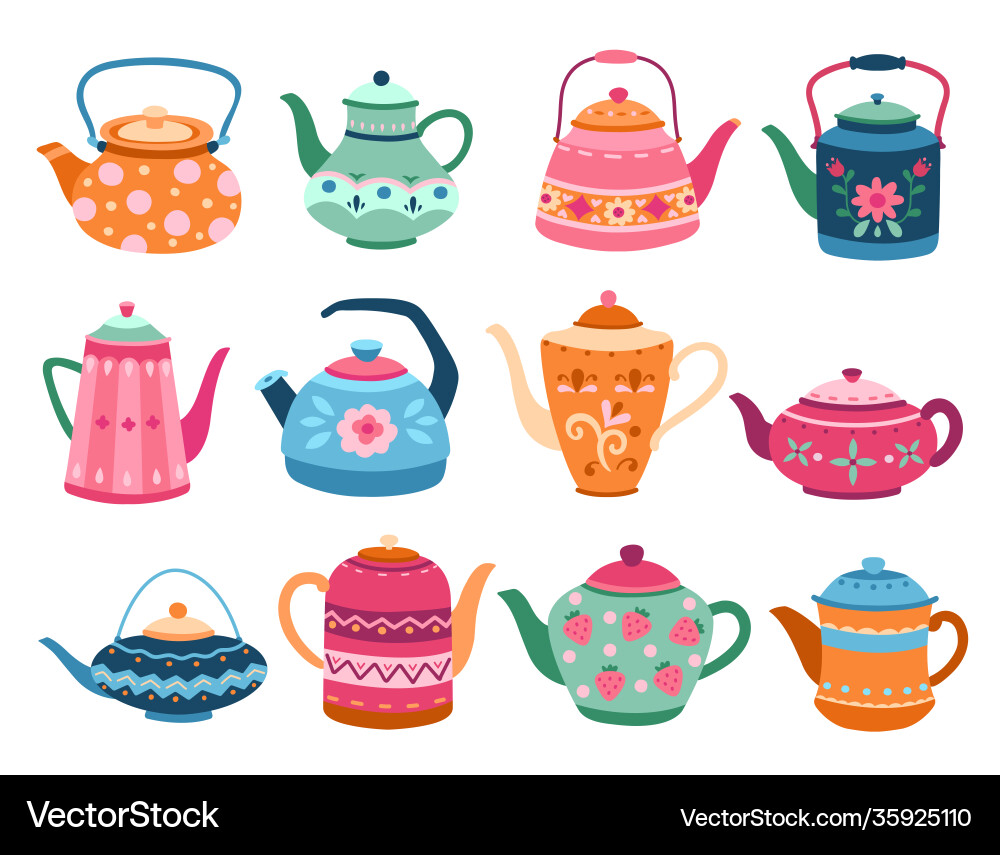 Cute teapots kitchen tools cartoon teapot or Vector Image