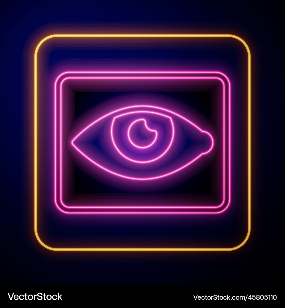 Glowing neon red eye effect icon isolated on black