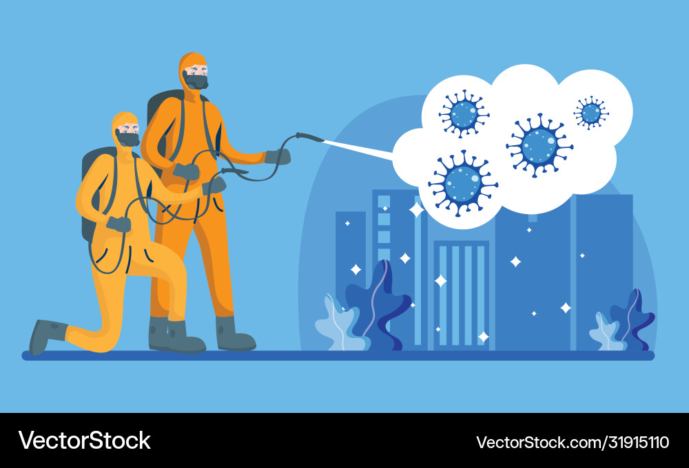Men with protective suit spraying city with Vector Image