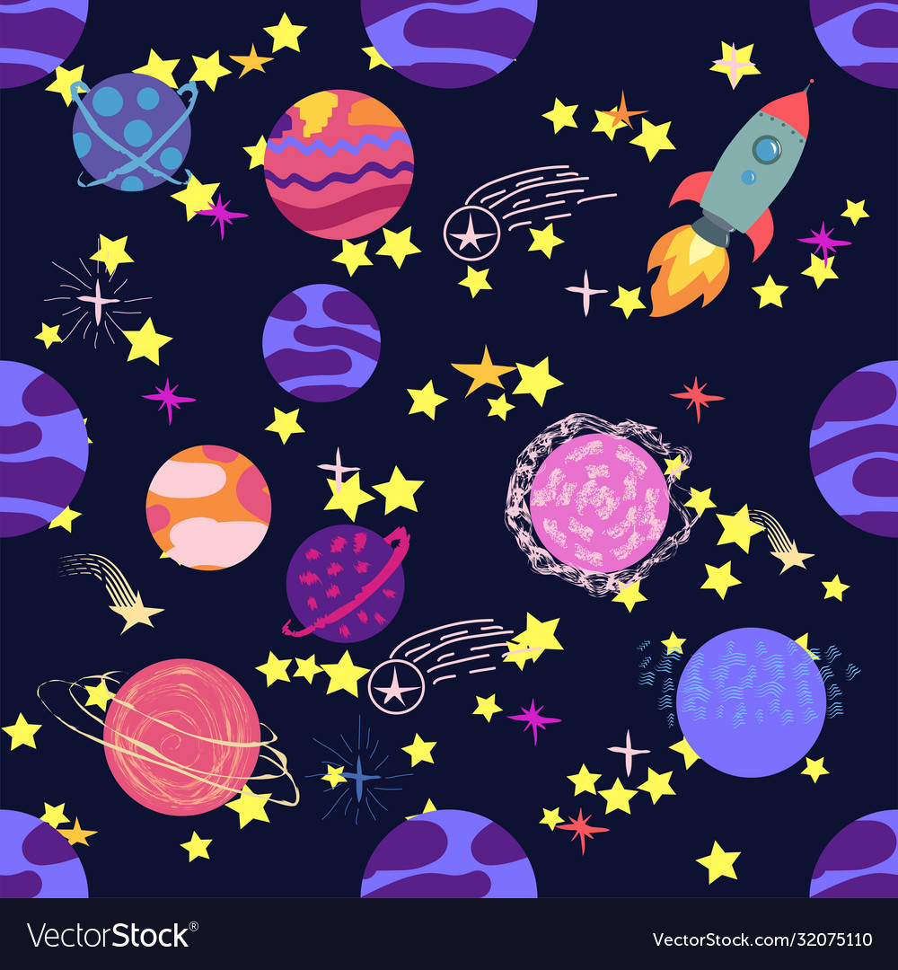 Seamless pattern planets rockets and stars Vector Image