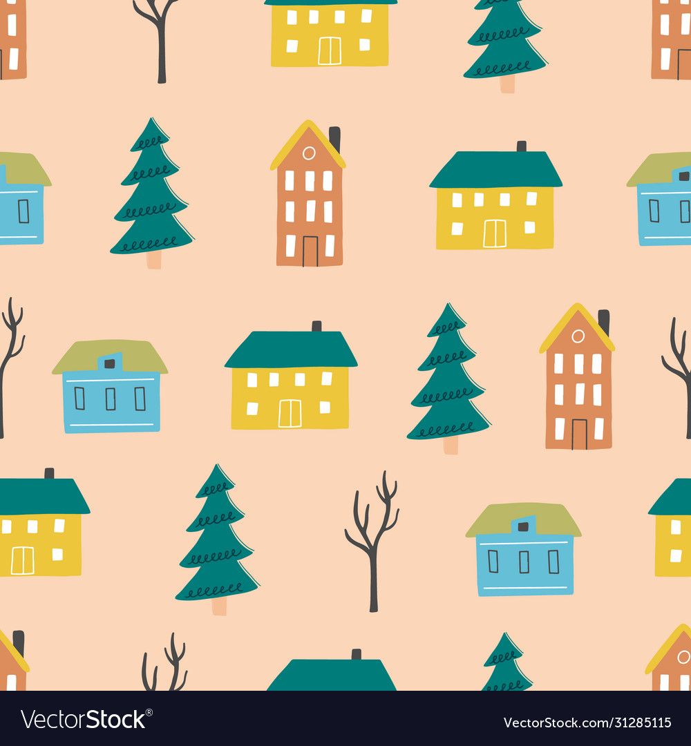 Seamless pattern childish cartoon town Royalty Free Vector