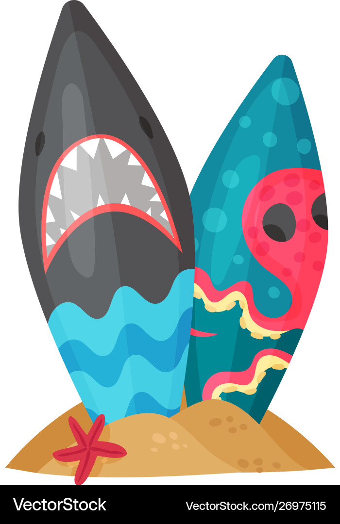 Two surfboards stand upright in sand Royalty Free Vector