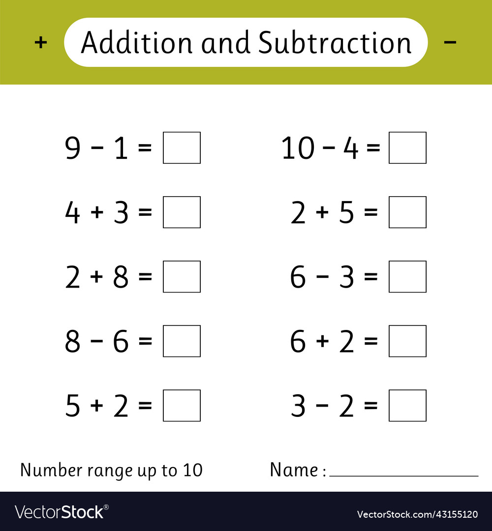 Addition and subtraction number range up to 10 Vector Image