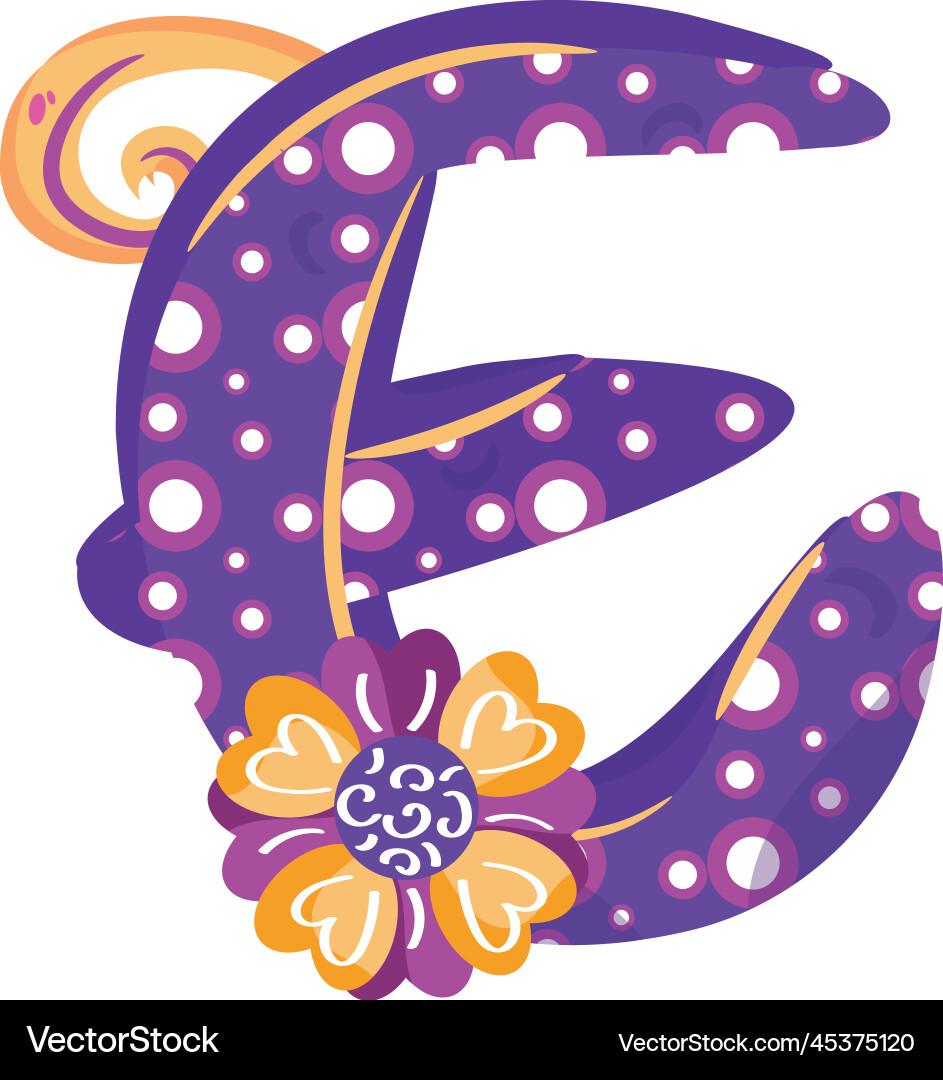 Isolated colored letter e with floral ornaments Vector Image