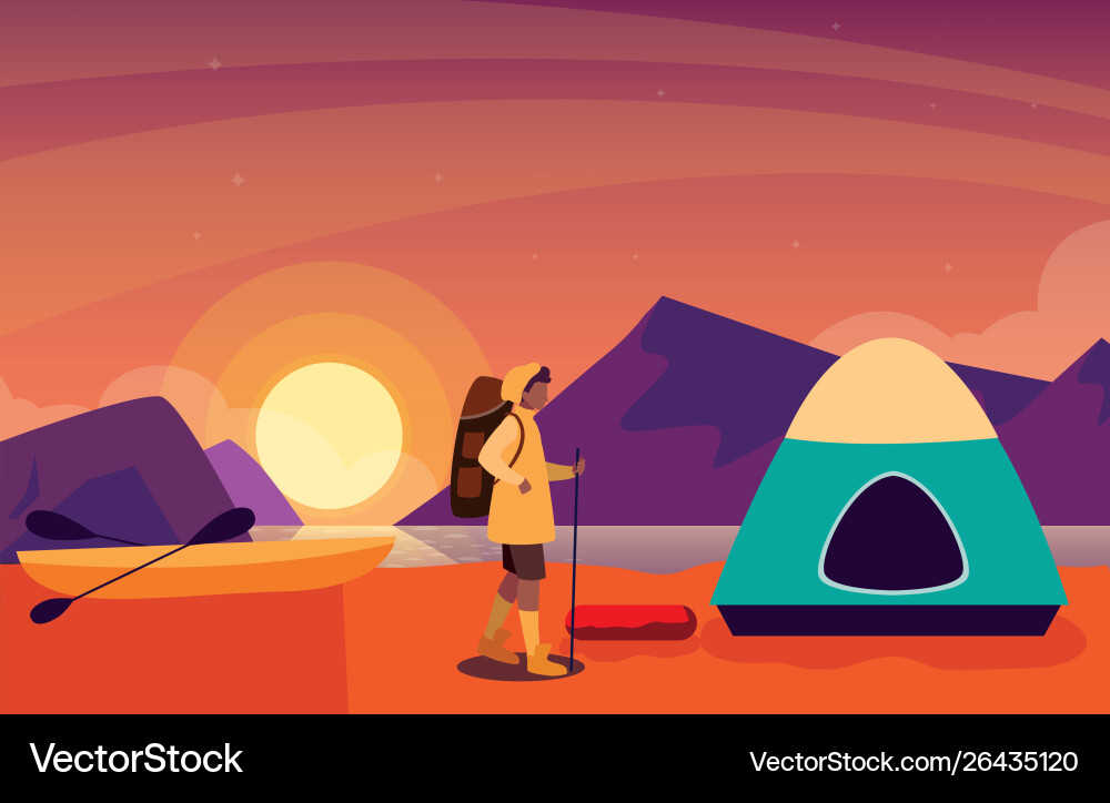 Man with camping tent on river shore Royalty Free Vector