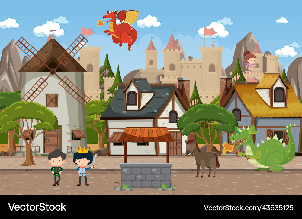 Medieval village scene castle background Vector Image