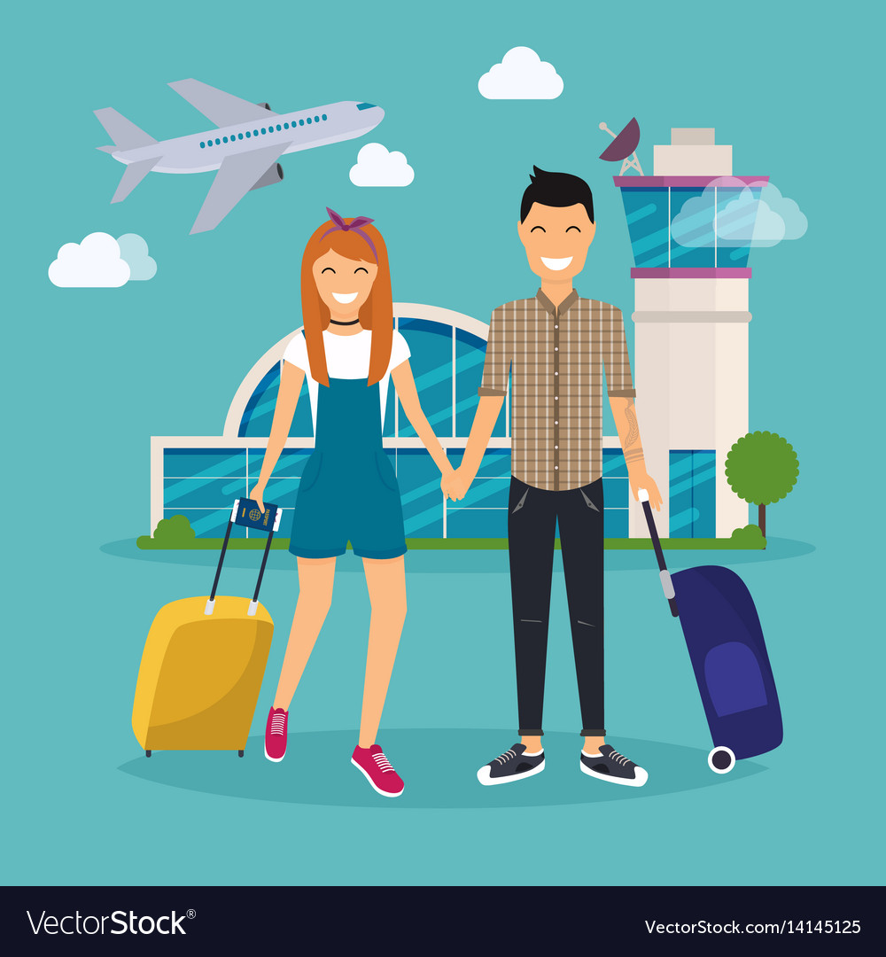 Young couple traveling with travel bag holding Vector Image
