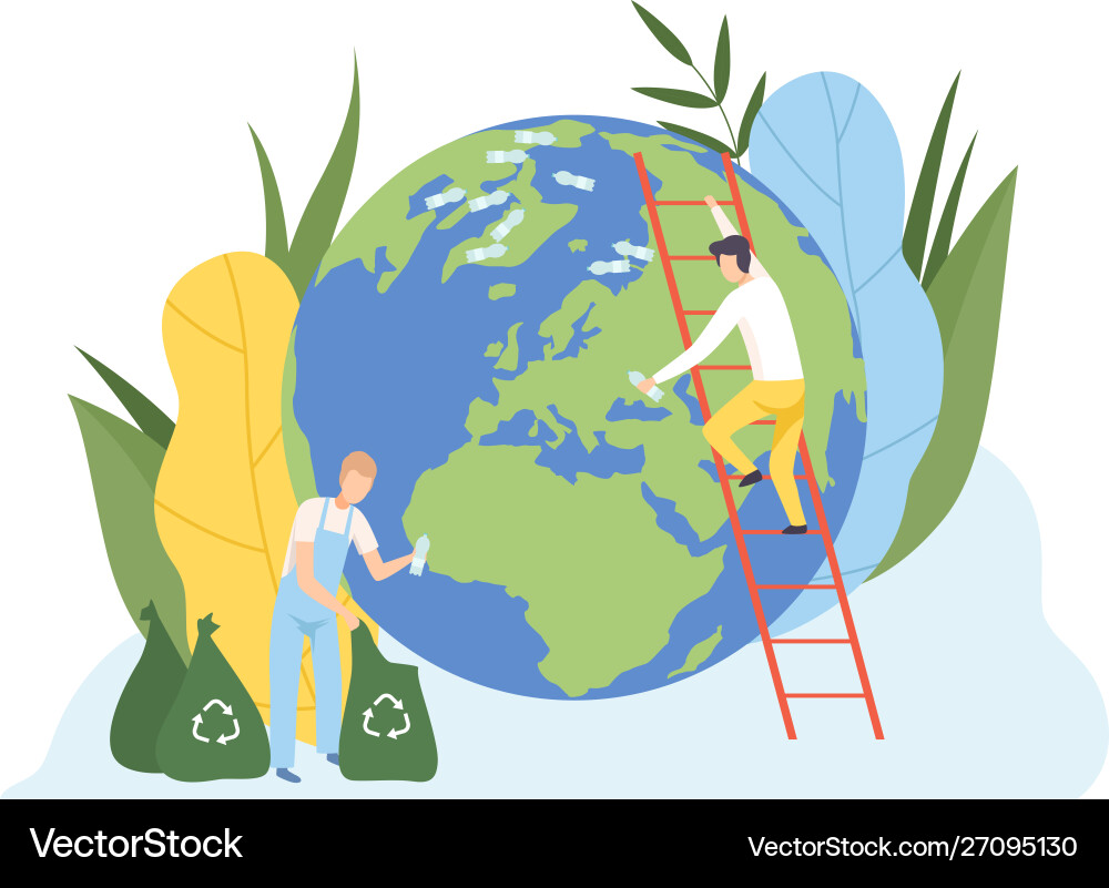 Men cleaning earth planet from plastic waste Vector Image