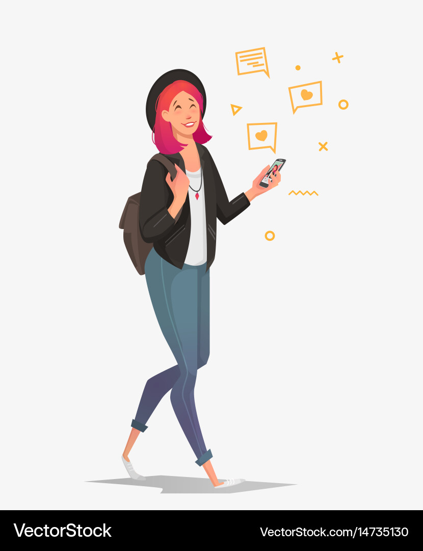 Young female student with a phone communicates Vector Image