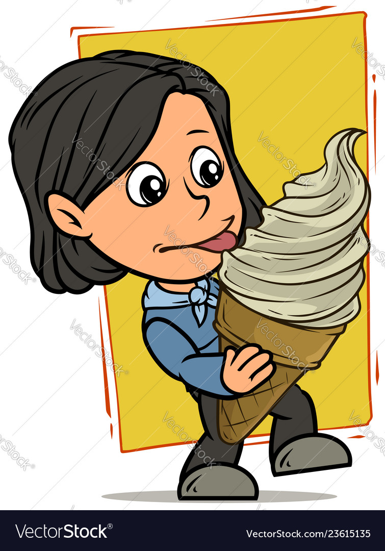 Cartoon Girl Character Eating Big White Ice Cream Vector Image