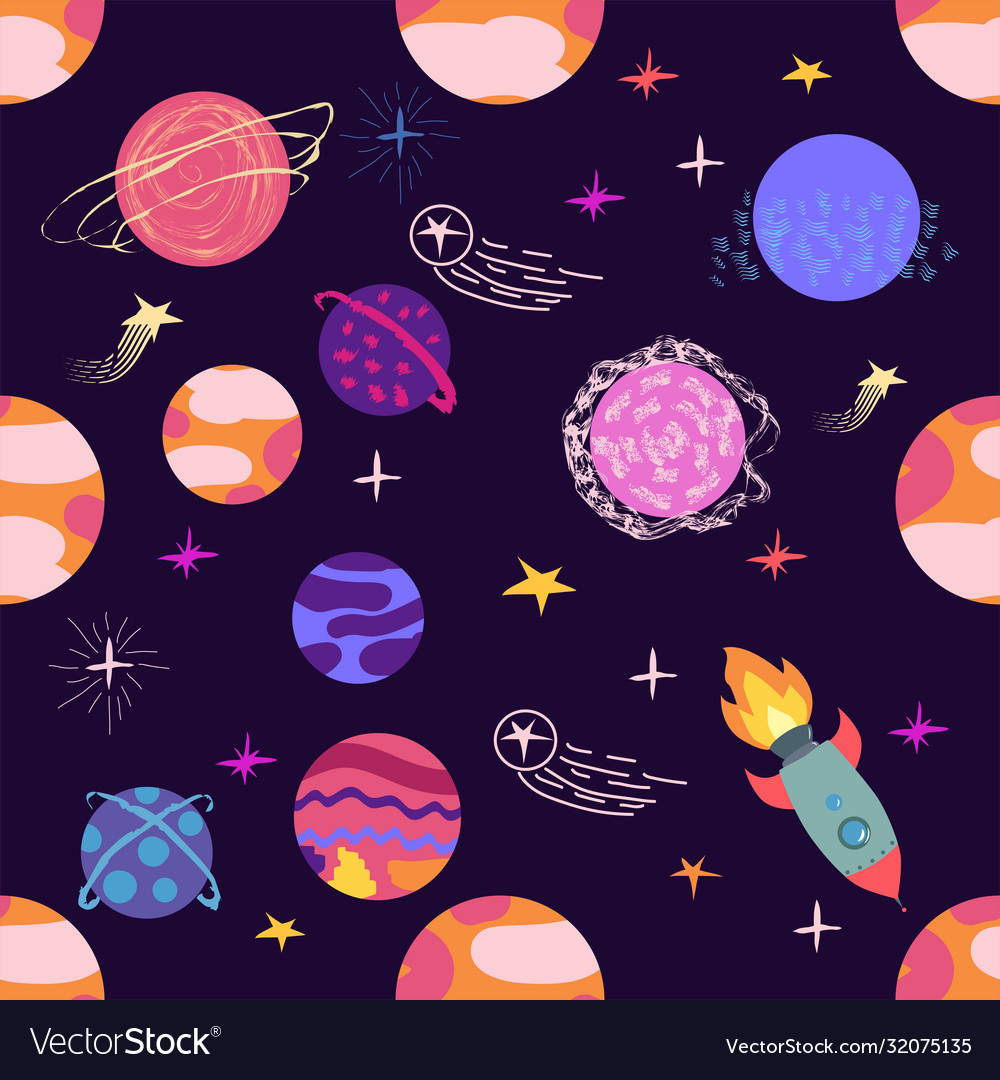 Seamless pattern planets rockets and stars Vector Image