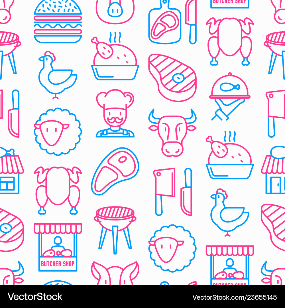 Butcher shop seamless pattern with thin line icons