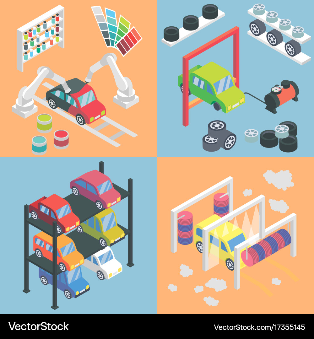 Car service center isometric icons flat 3d Vector Image