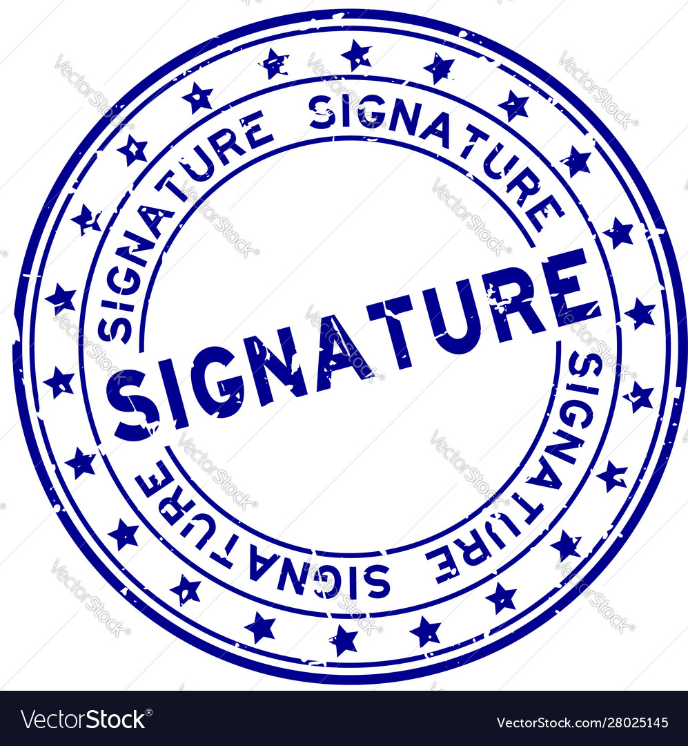 Grunge Blue Signature Word Round Rubber Seal Vector Image
