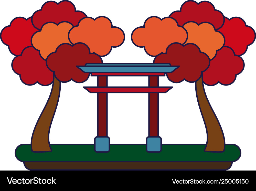 Japanese gate with trees blue lines Royalty Free Vector