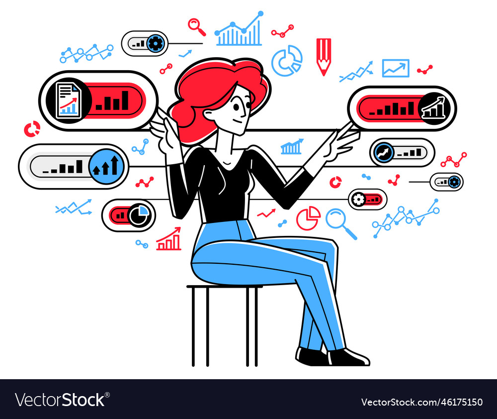 Worker Analyzes Some Data And Systematizing Vector Image