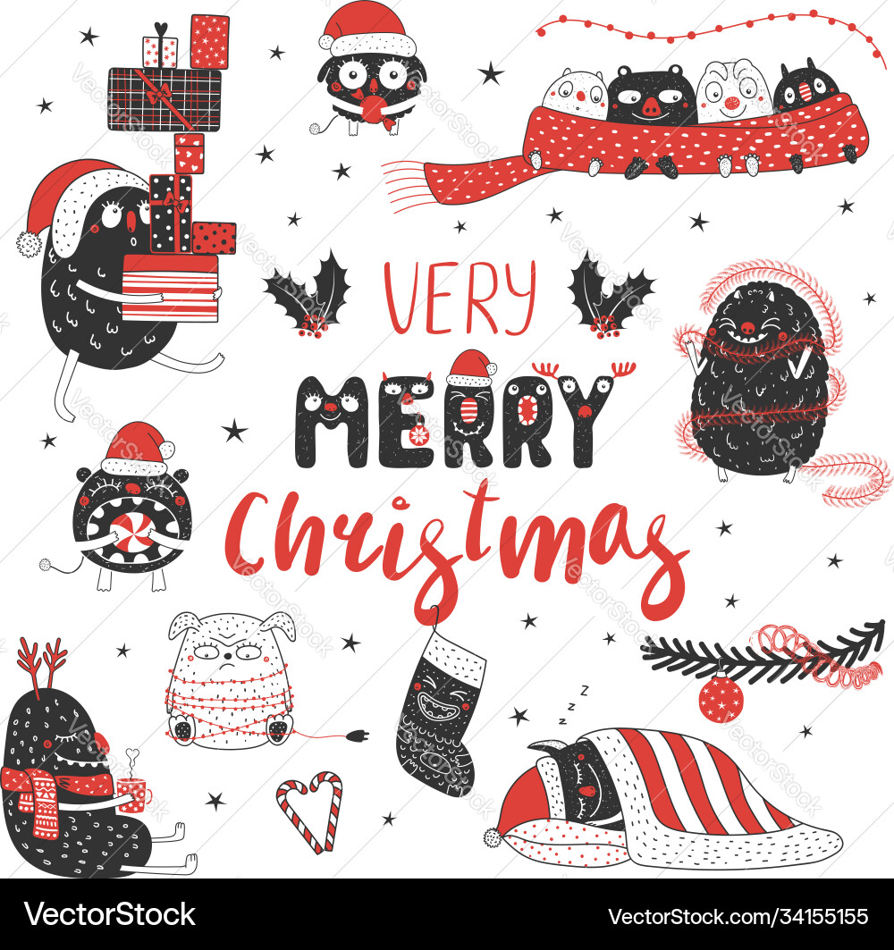 Cute and funny christmas monsters Royalty Free Vector Image