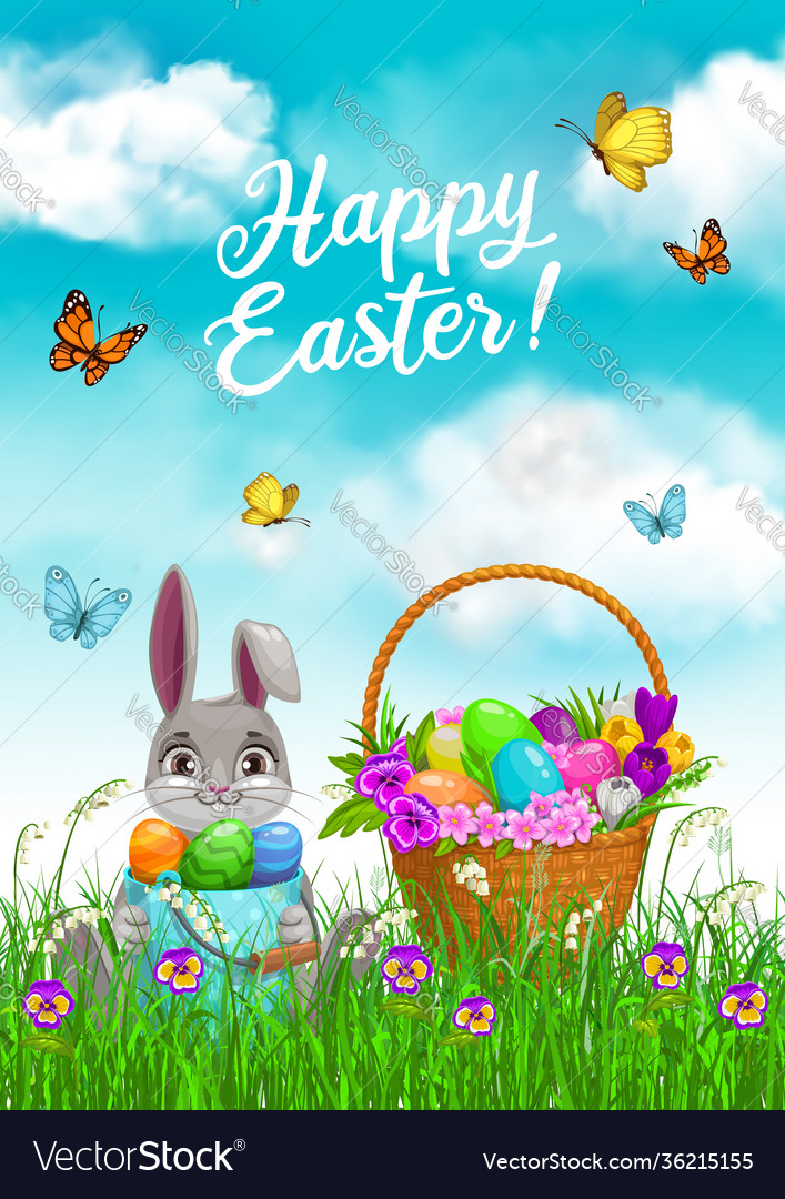 Easter bunny with egg hunt basket in spring grass Vector Image