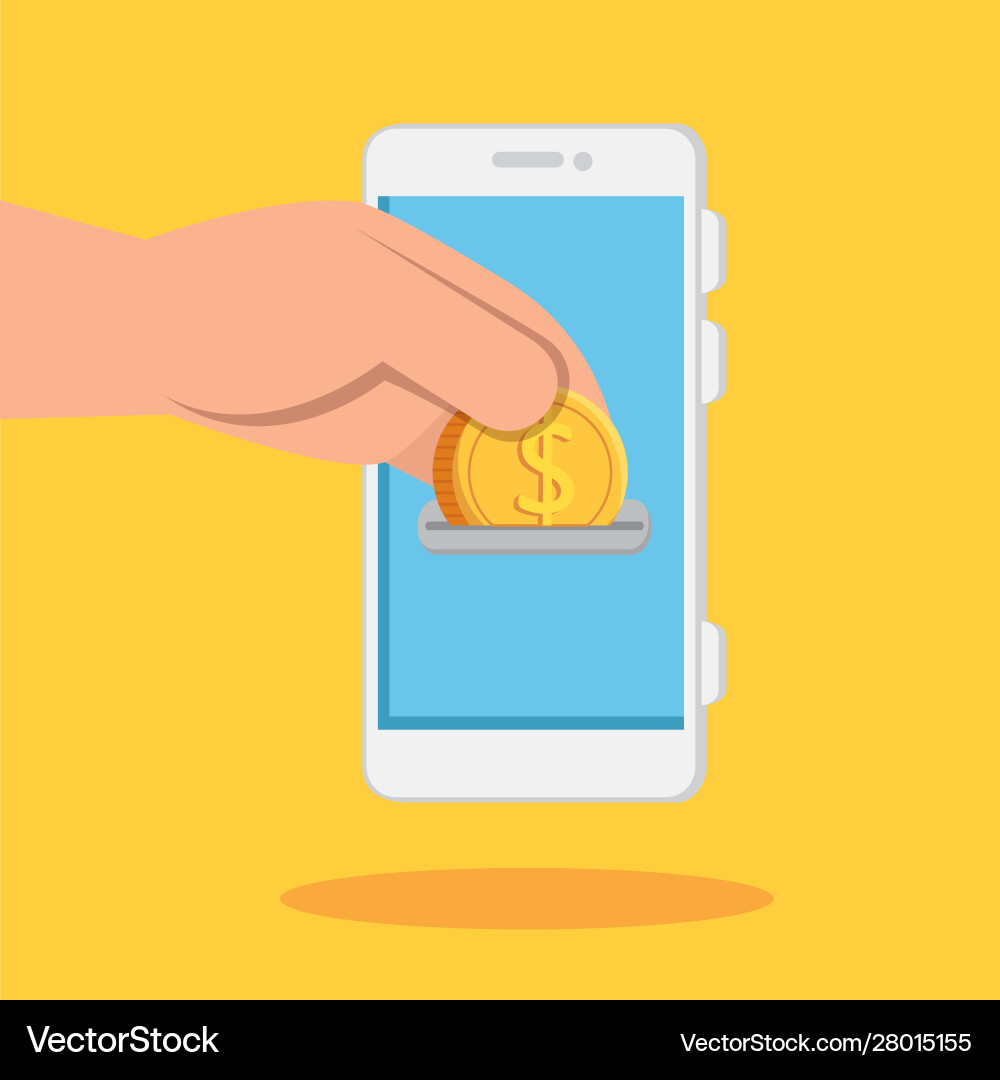 Hand and smartphone with coin isolated icon Vector Image