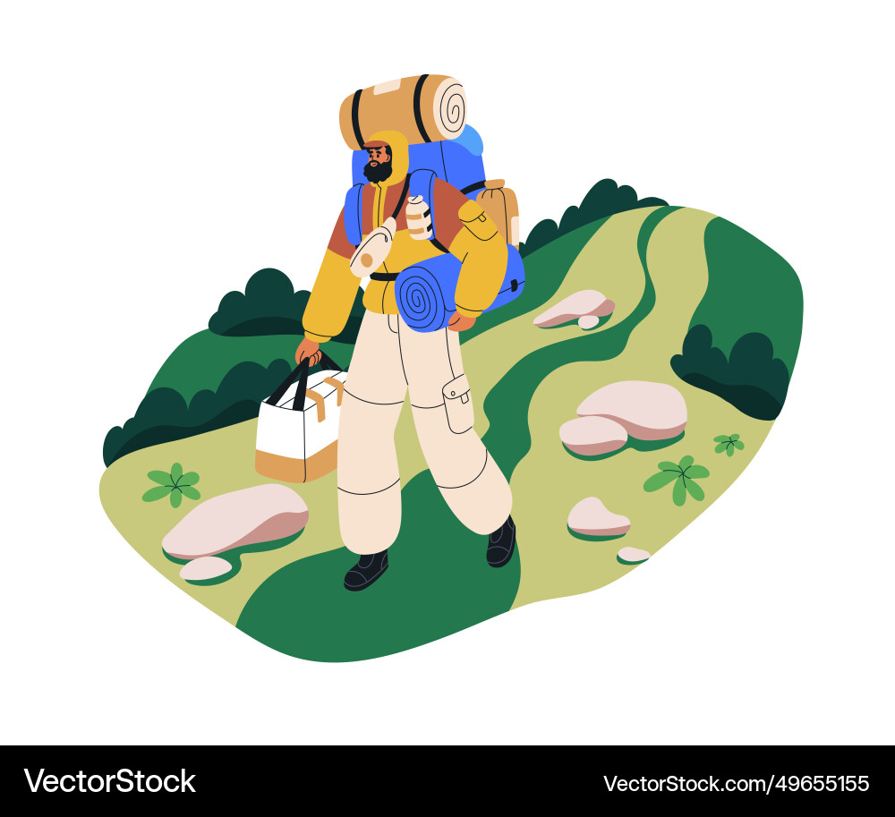 Hiker backpacker walking with bags in nature Vector Image