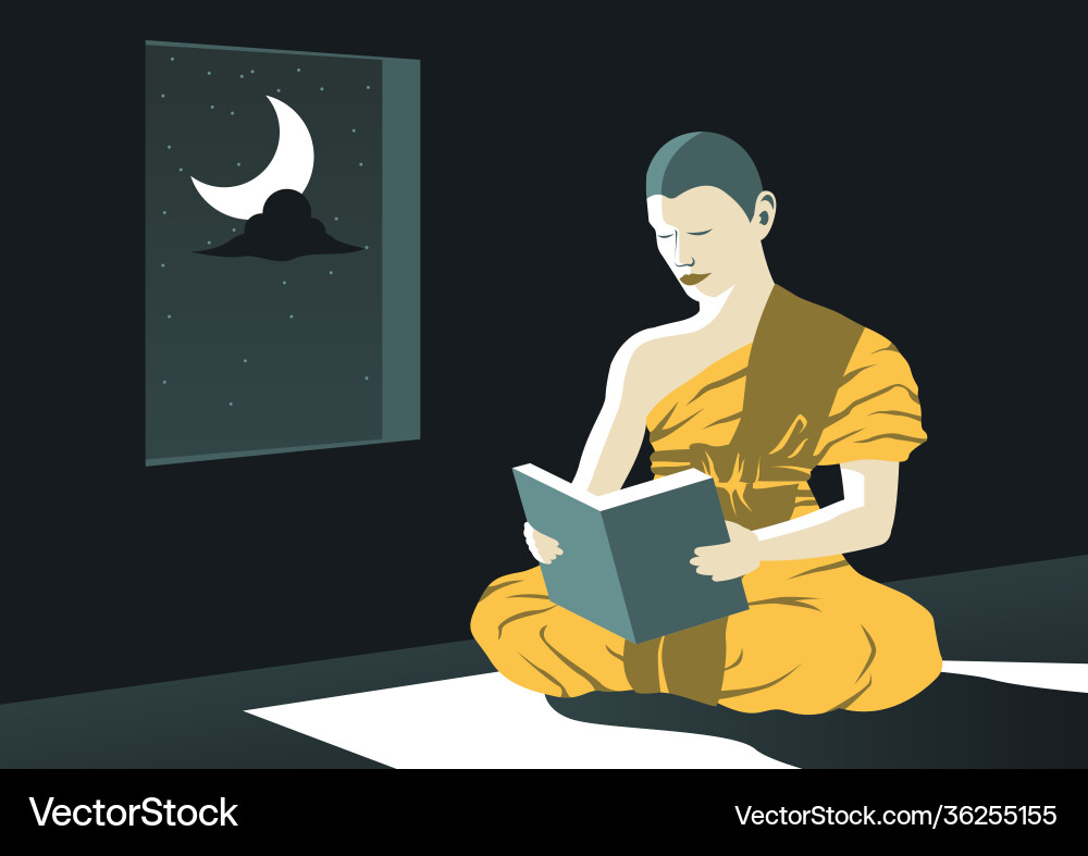 Monk read dharma book at night in temple to study Vector Image
