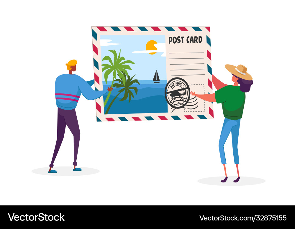 Tiny characters holding huge postcard Royalty Free Vector