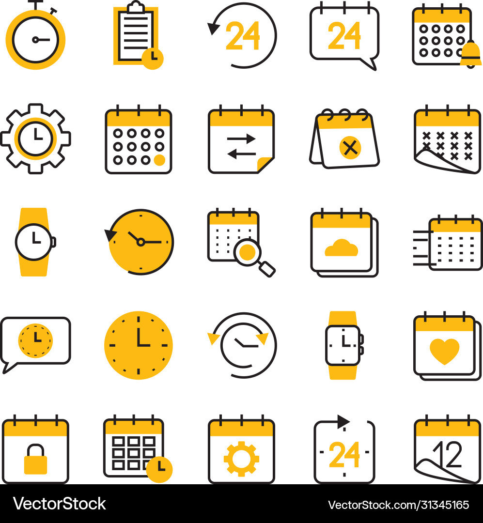 Clipboard and time icon set half color line Vector Image