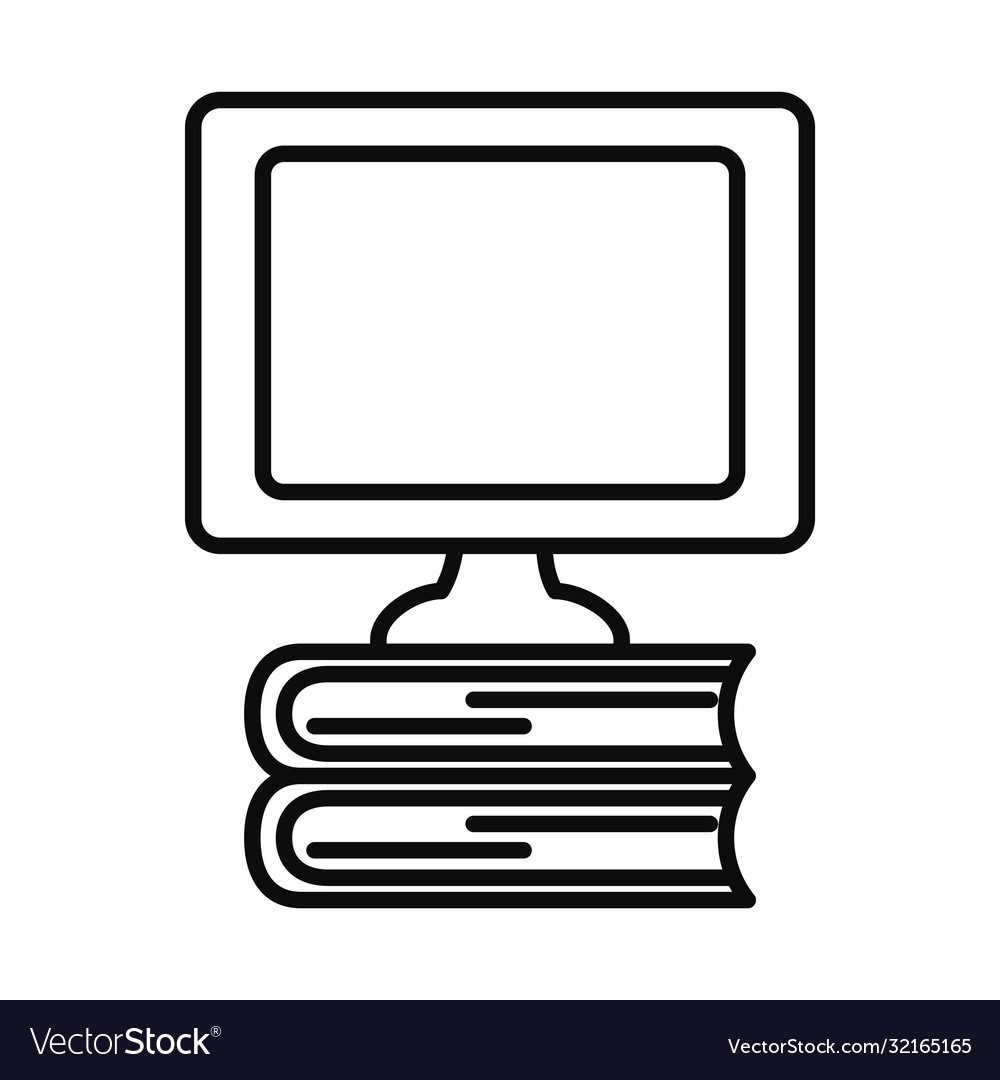 Computer Monitor On Books Stack Icon Line Style Vector Image
