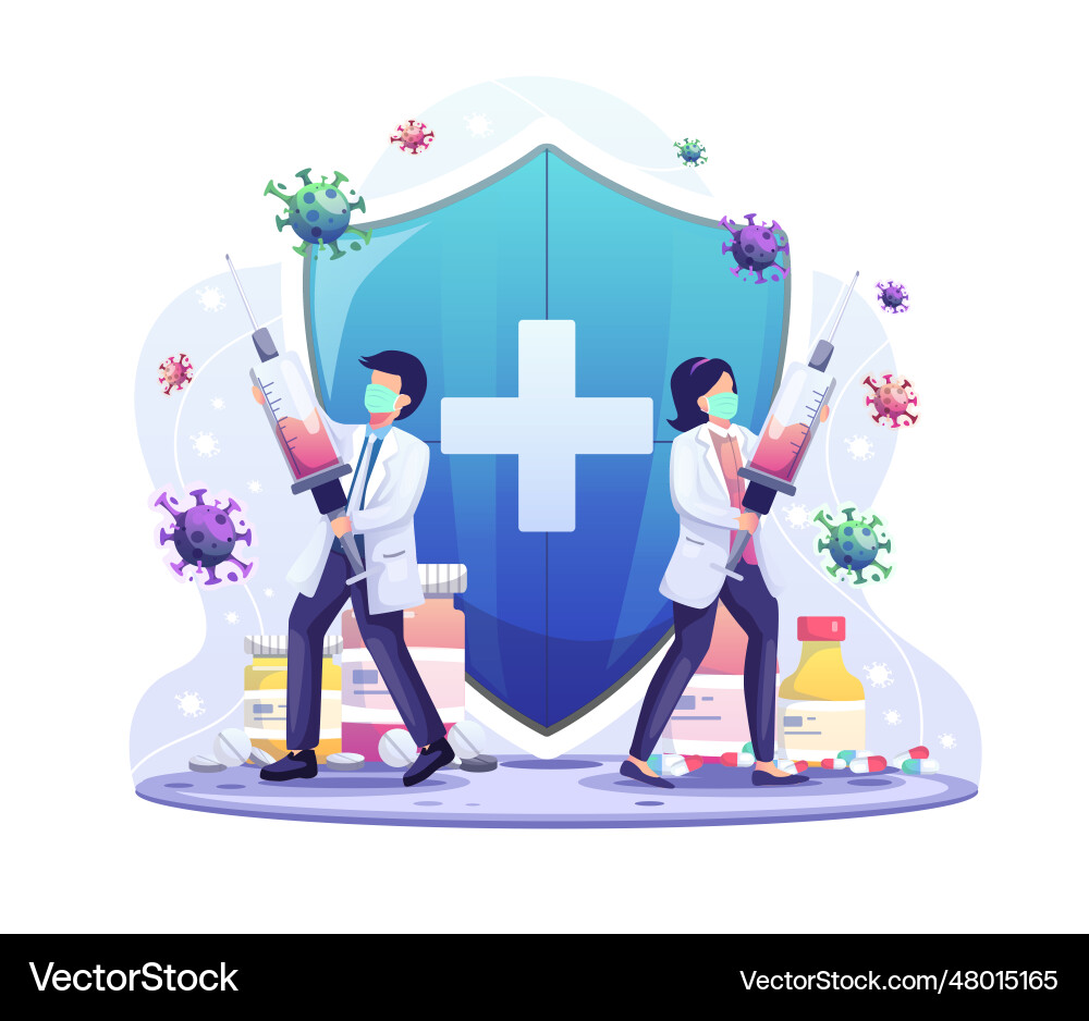 Doctors with injections are fighting against Vector Image