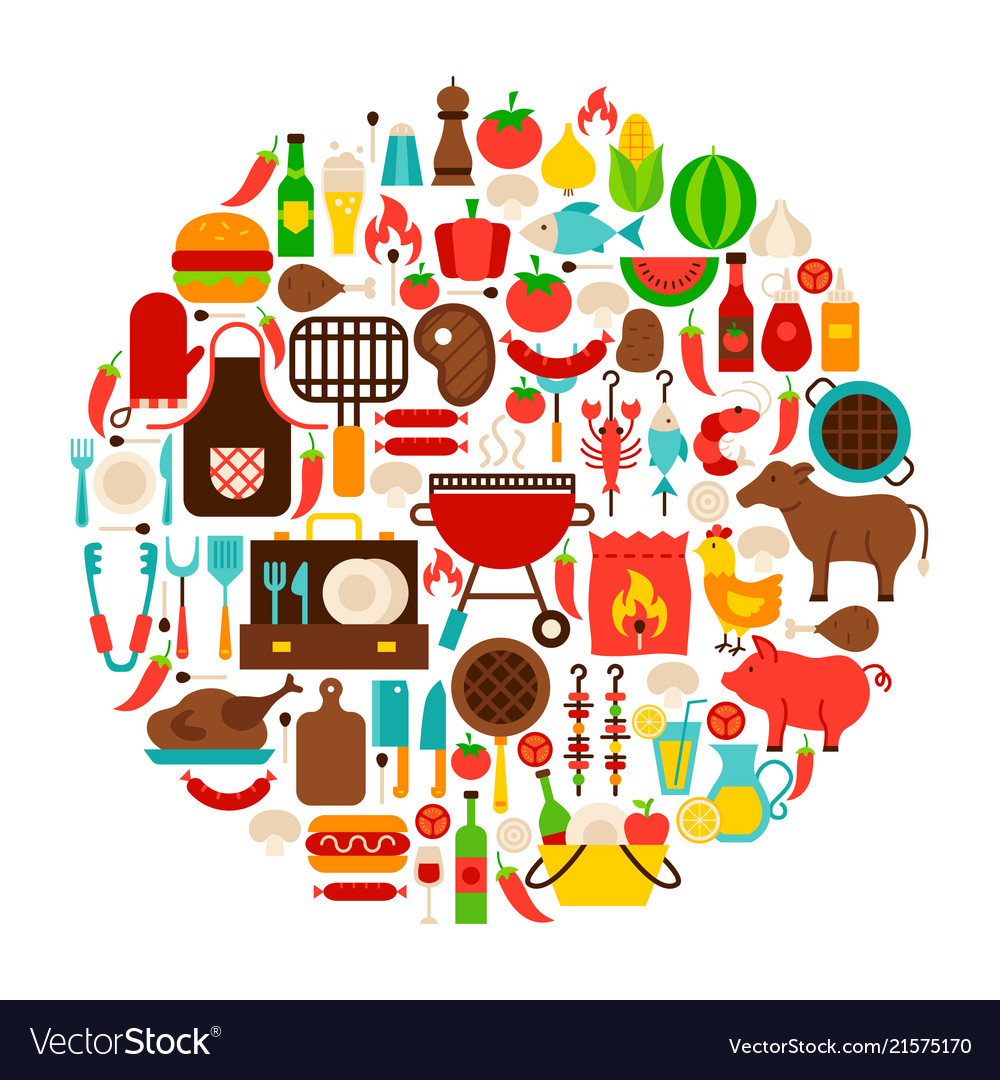 Barbecue grill flat objects circle Royalty Free Vector Image