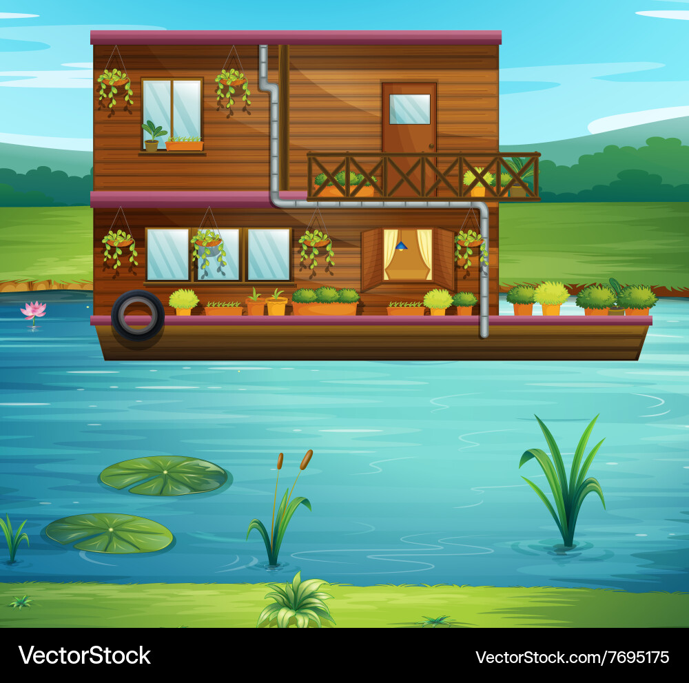 Boat house floating on the river Royalty Free Vector Image