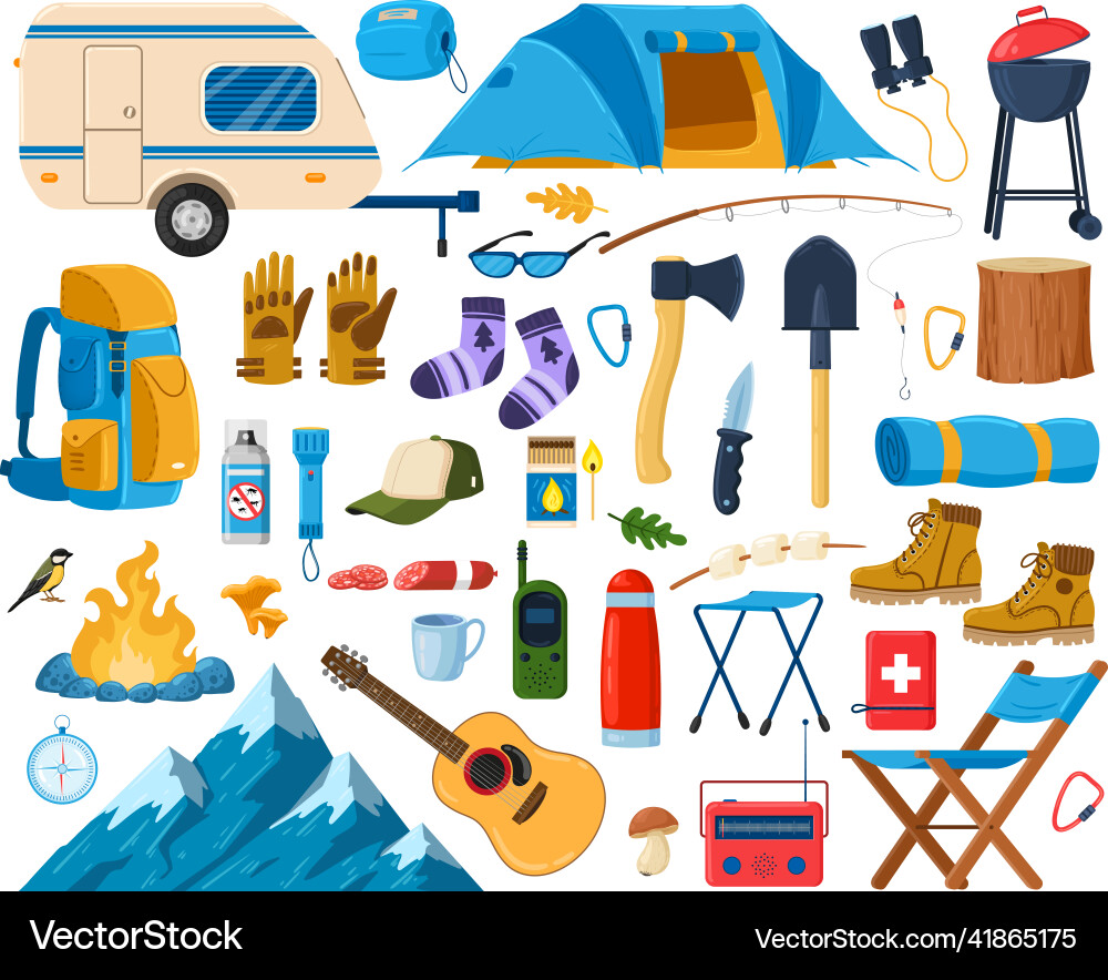 Cartoon tourist camping and hiking elements map Vector Image