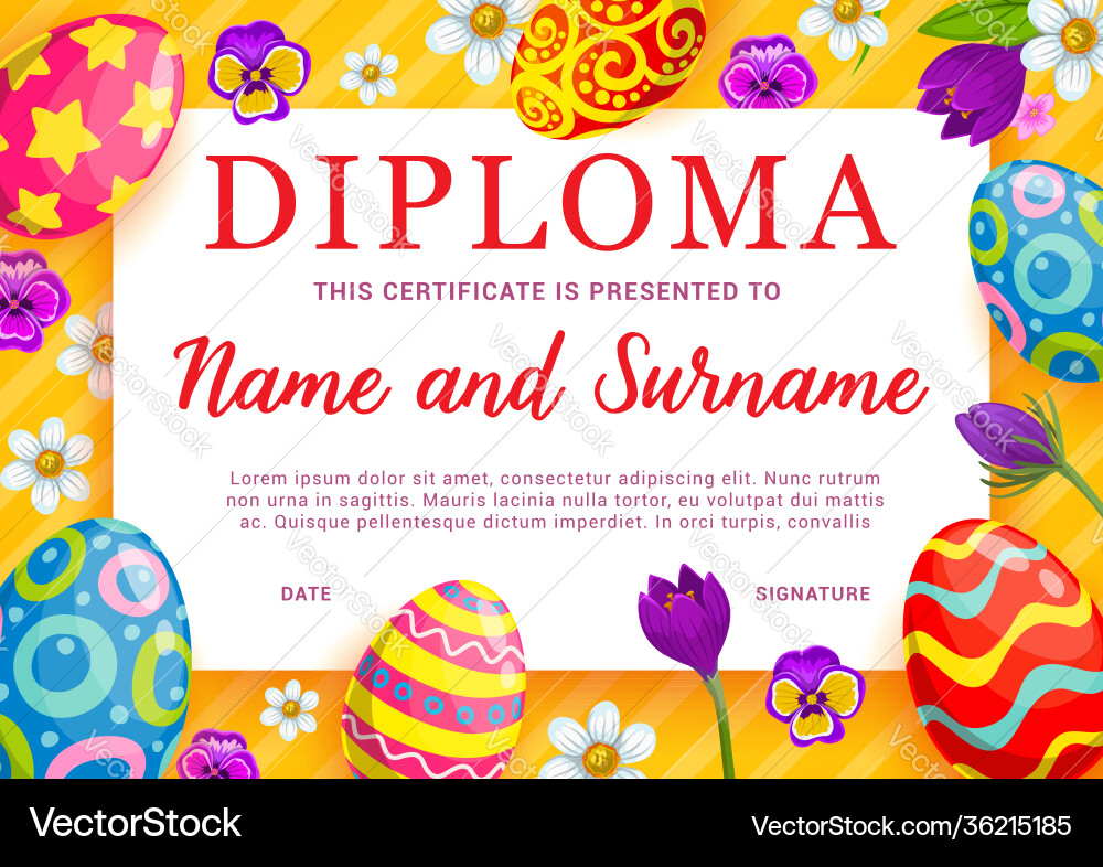 Kids diploma with frame easter eggs and flowers Vector Image